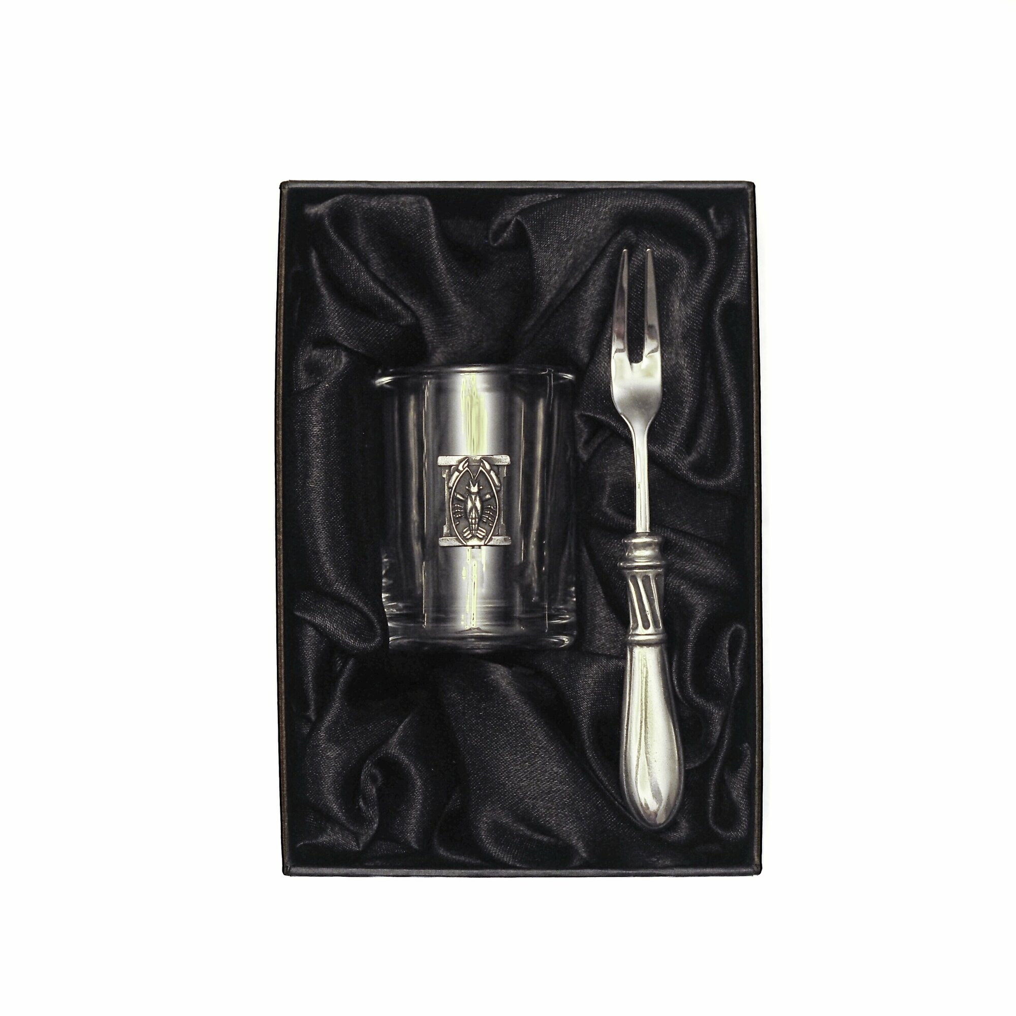 Подарочный набор стопка с накладкой знак зодиака "Рак" и закусочная вилочка в футляре