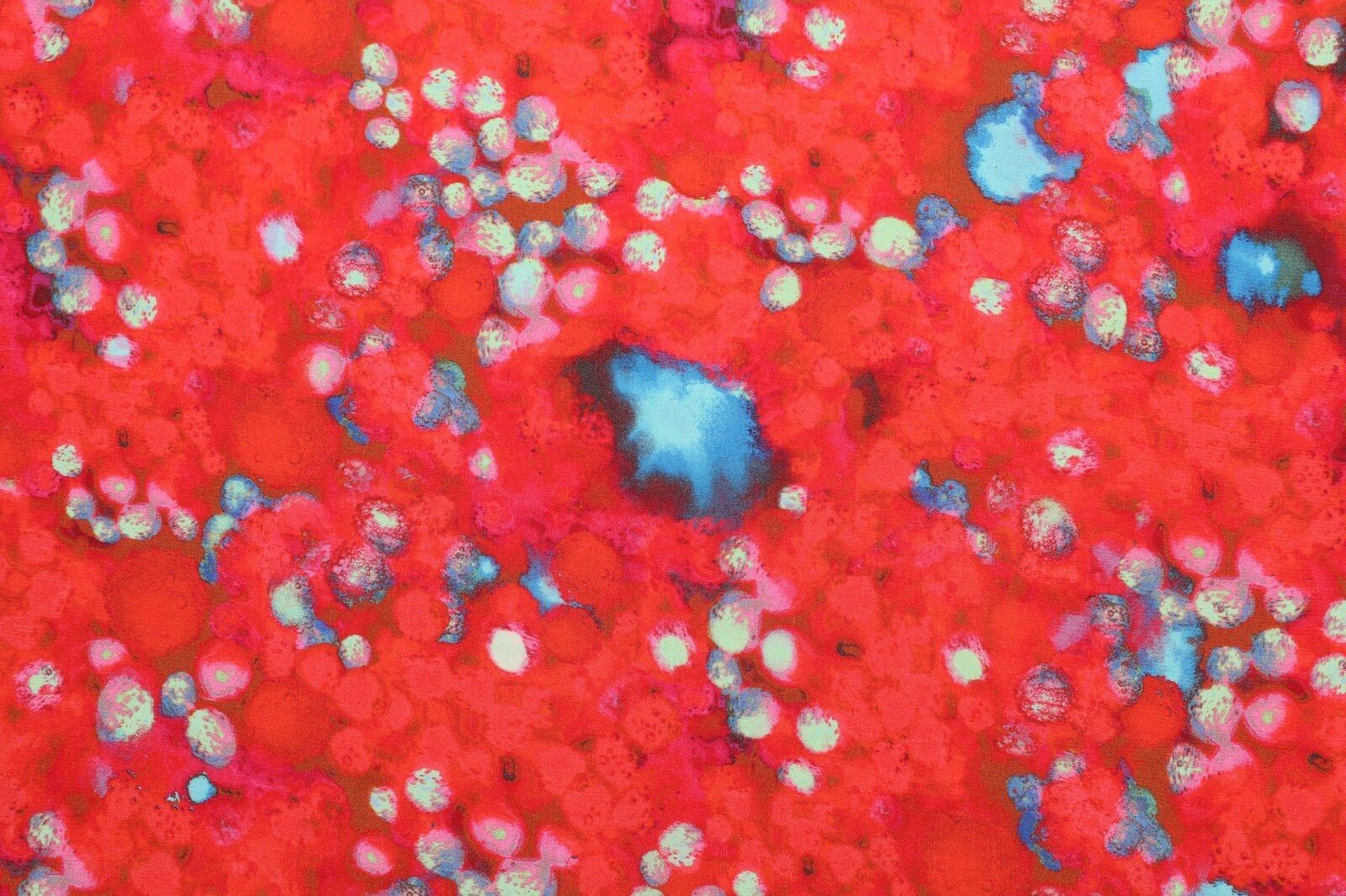 Ткань Крепдешин шёлк яркие не крупные сине-голубые пятна на ярком кораллово-оранжевом фоне, ш135см, 0,5 м