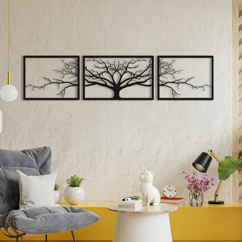 Декоративное панно деревянное, Древо, набор из 3 элементов декора (черный цвет)