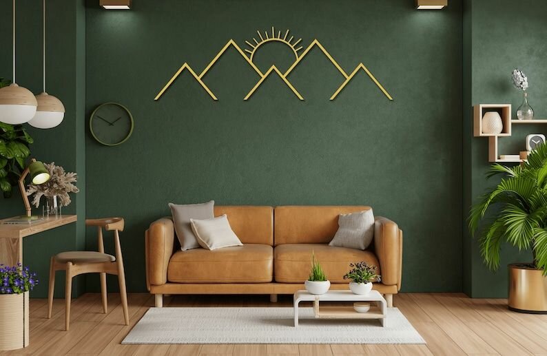 Декоративное панно деревянное, Солнце в горах (матовое золото)