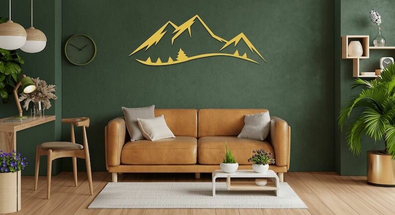 Декоративное металлическое панно, Горы и деревья (матовое золото)