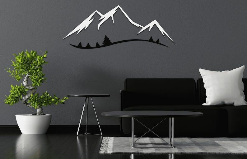 Декоративное панно деревянное, Горы и деревья (черный и белый цвета)