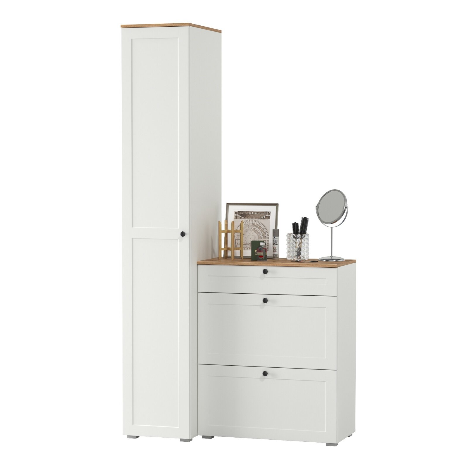 Обувница с пеналом для одежды Остин цвет белый шагрень/дуб крафт золотой