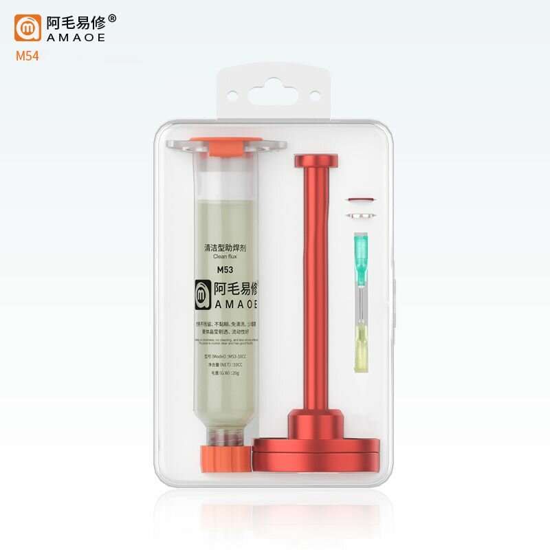 Флюс паяльный AMAOE M54 прозрачный 10ml (20gr) в комплекте с поршнем и насадками прямого среза