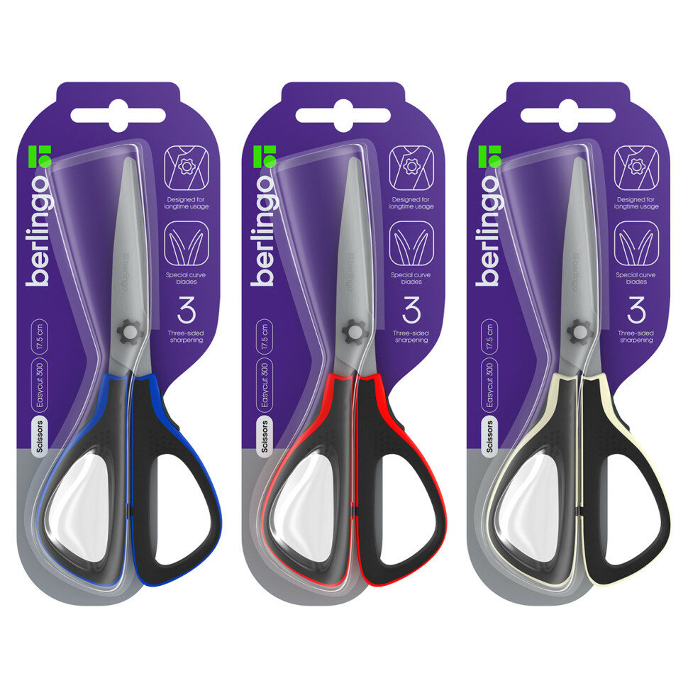 Ножницы Berlingo "Easycut 300", 17,5см, ассорти, мягкие вставки, европодвес, 326318