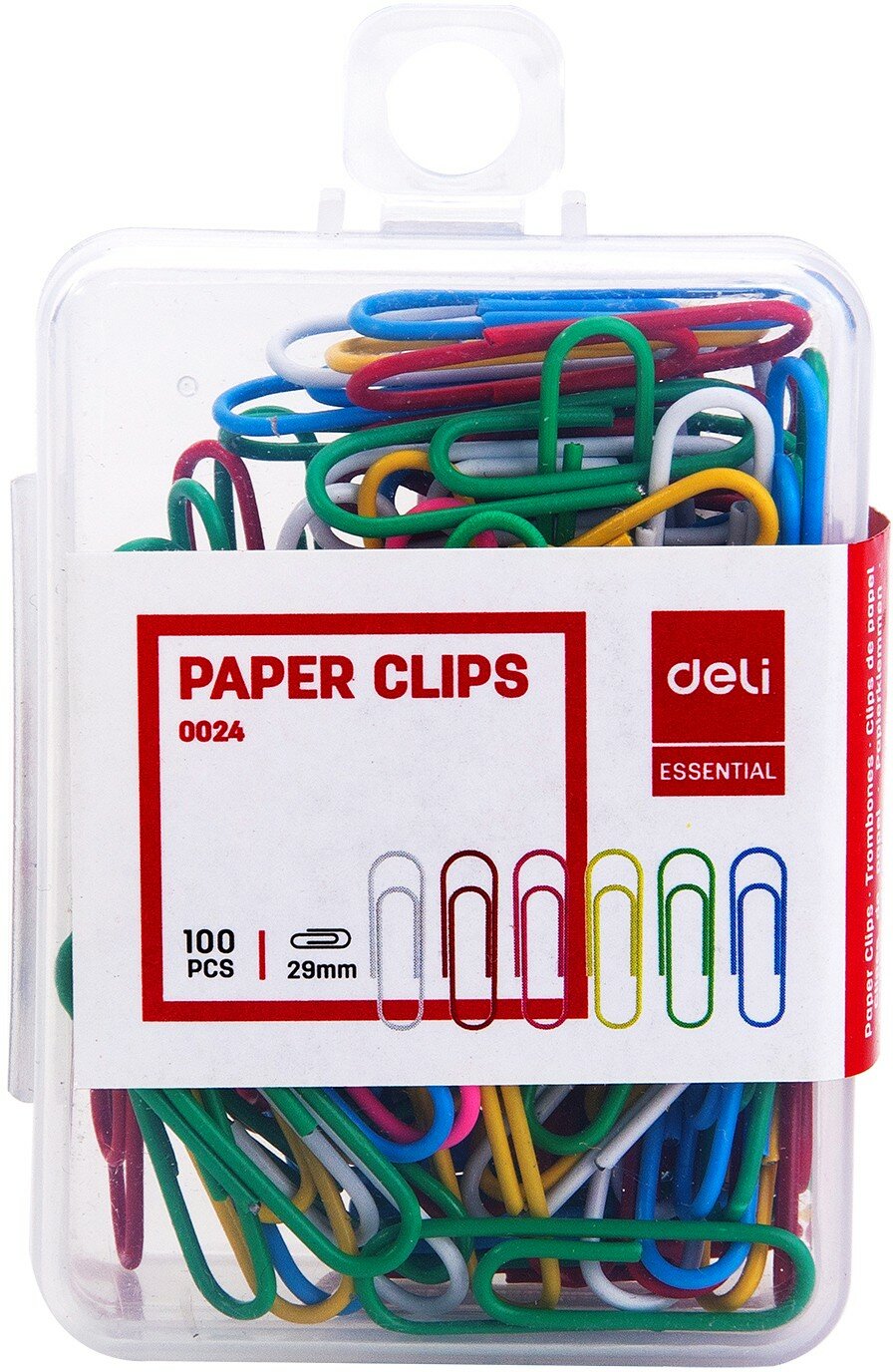 Скрепки, 29 мм, 100 штук, пластиковая оболочка, цвета в ассортименте
