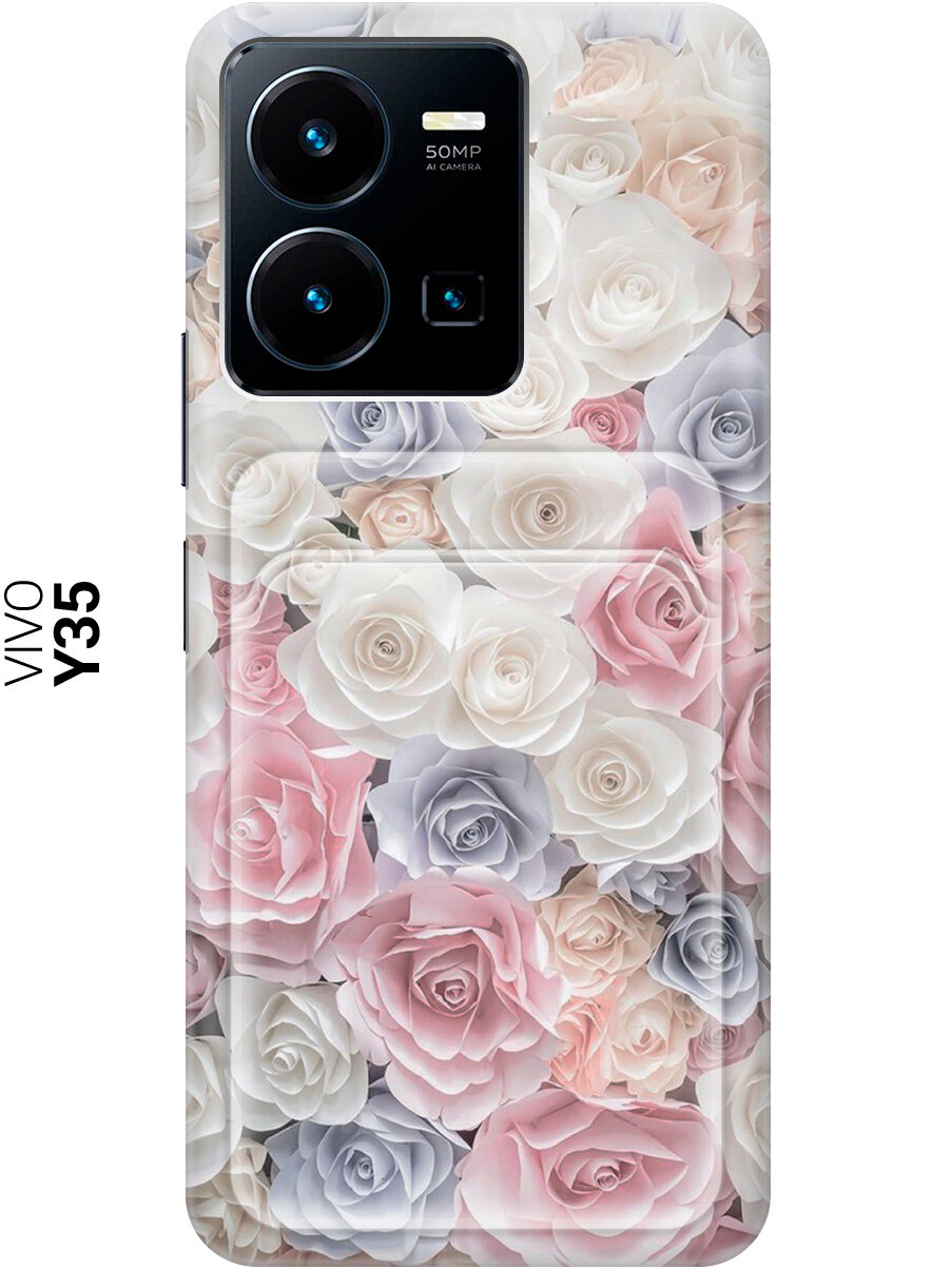 Силиконовый чехол на Vivo Y35 / Виво У35 с рисунком "Пастельные розы" и карманом для карт