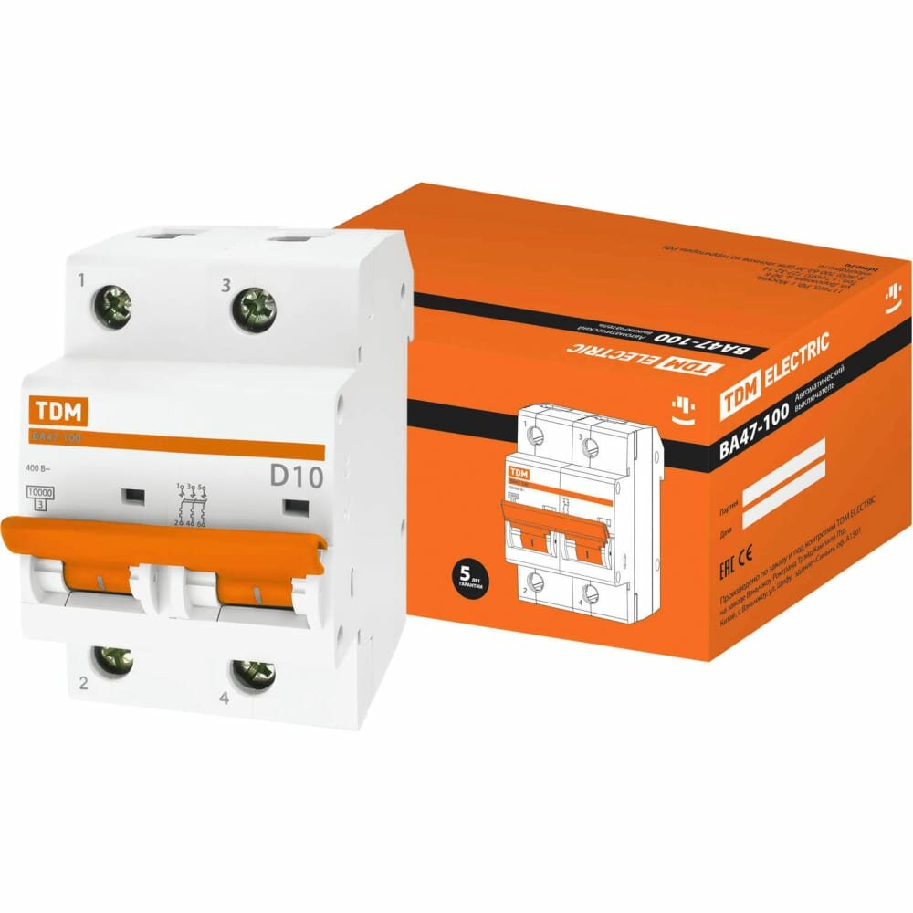 Автомат TDM ELECTRIC ВА47-100 2Р, 10 А, 10 кА, D