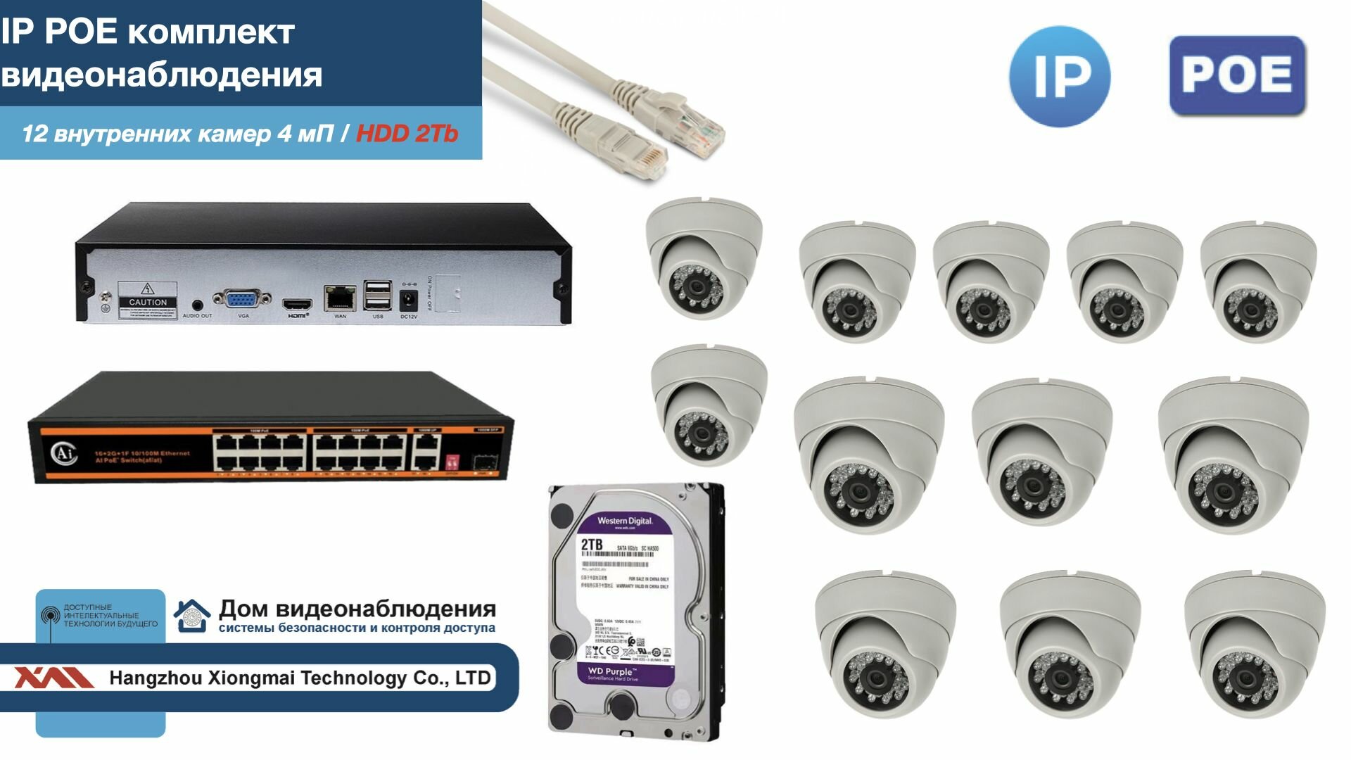 Полный IP POE комплект видеонаблюдения на 12 камер (KIT12IPPOE300W4MP-HDD2Tb)