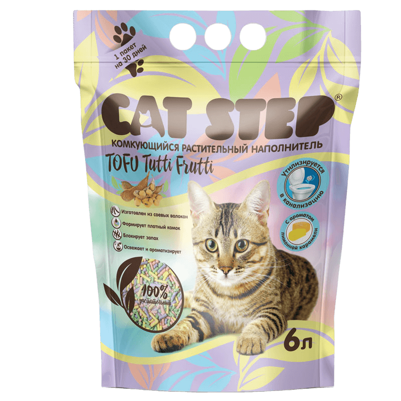 Наполнитель CAT STEP Tofu Tutti Frutti растительный комкующийся, разноцветные гранулы, 6 л