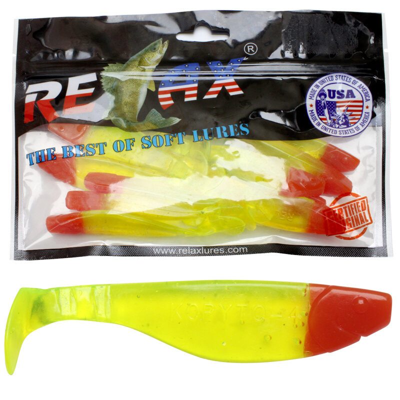Мягкая силиконовая приманка риппер RELAX KOPYTO HEADS 4, 10,0cm 13,8g цвет H028 (Chartreuse-hologram Glitter, Super Red, Head) 1 уп. по 10 шт.