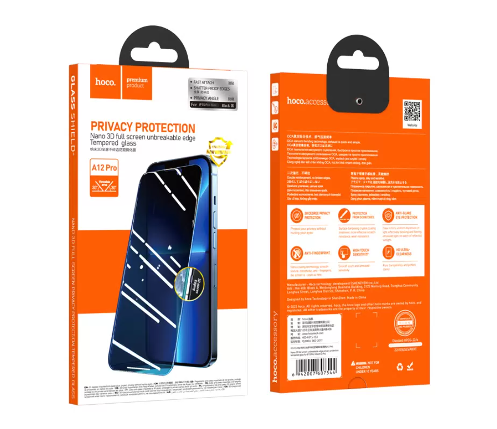 Стекло защитное HOCO A12 Pro Nano 3D для APPLE iPhone 15 Pro, черная рамка