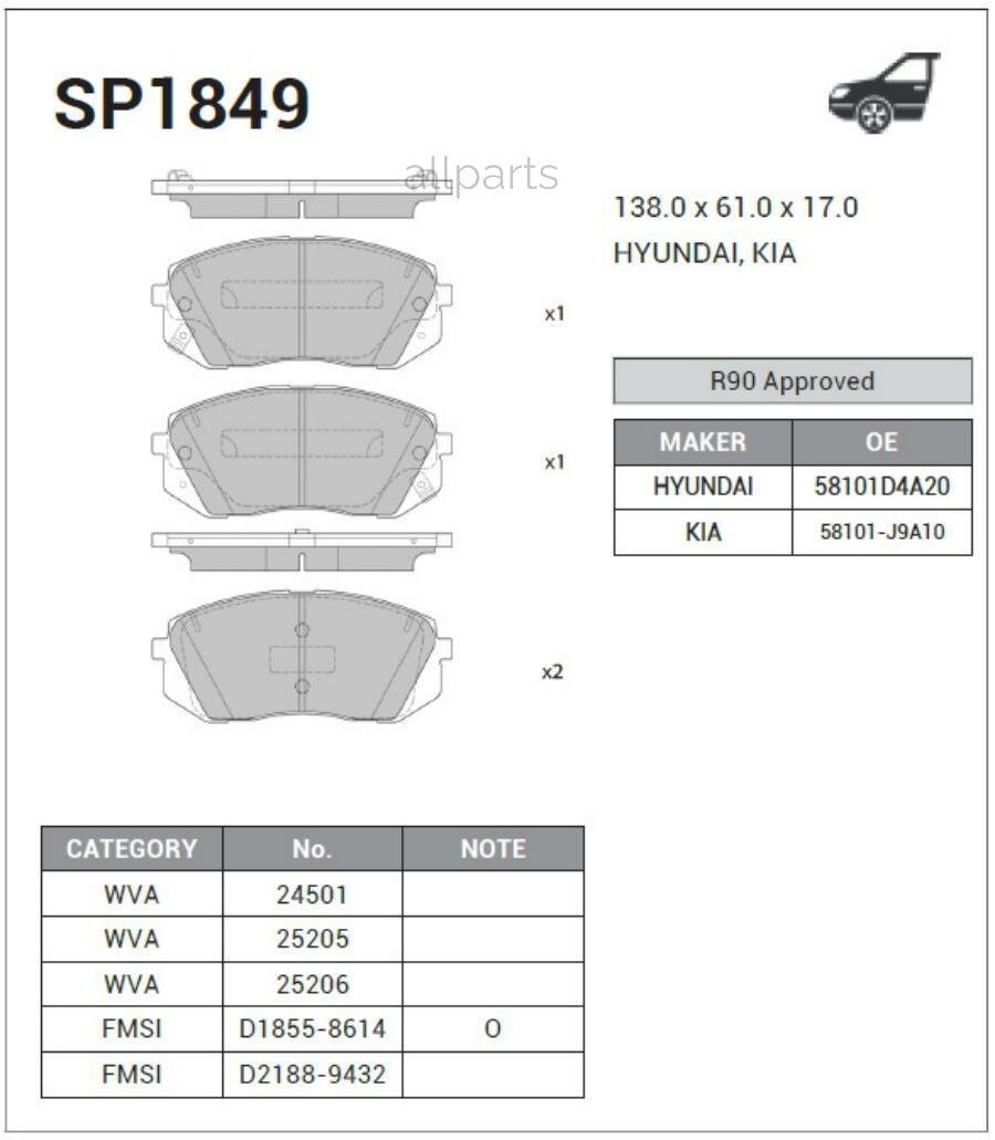 SANGSIN BRAKE SP1849 Колодки HYUNDAI I40 11=>, IX35 10-15, TUCSON III 15=>