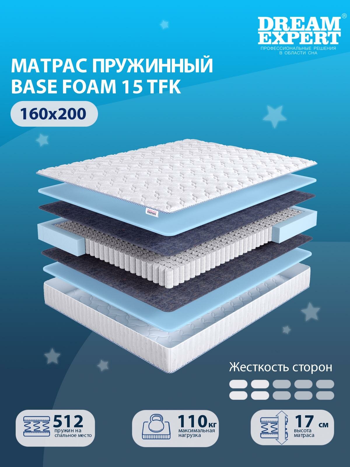 Матрас, Ортопедический матрас DreamExpert Base Foam 15 TFK ниже средней жесткости, двуспальный, независимый пружинный блок, на кровать 160x200