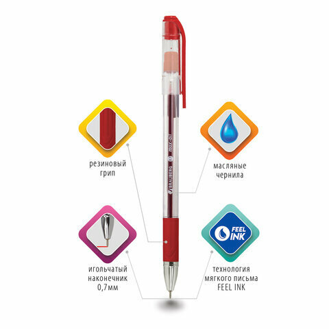 Ручка шариковая масляная с грипом BRAUBERG "Max-Oil", красная, игольчатый узел 0,7 мм, линия письма 0,35 мм, 142143