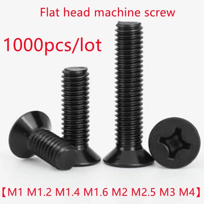 1000 шт. мини черные стальные крестовые болты DIN965 GB819 М2,5, 18 мм