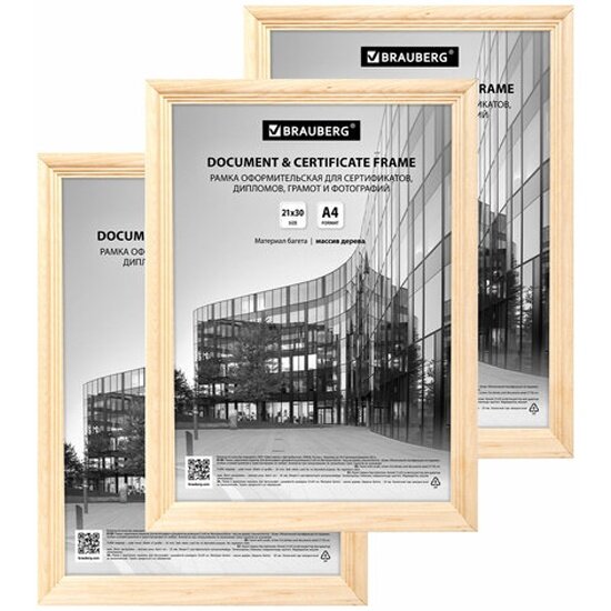Рамка небьющаяся Brauberg 21*30см, комплект 3шт, багет 20мм дерево, Business, цв натур дерево 391354