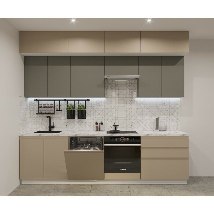 Кухонный гарнитур прямой трёхуровневый в потолок «Лайн 45», 2800 мм, цвет белые/пикрит/обсидиан/мрамор белый