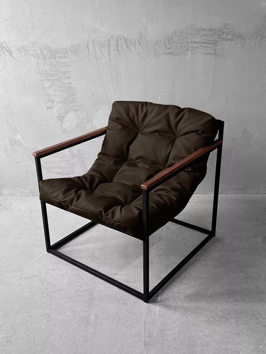 Кресло мягкое удобное для отдыха, уличное, на балкон, веранду, в стиле лофт, минимализм, Комфи ++ кожзам коричневый