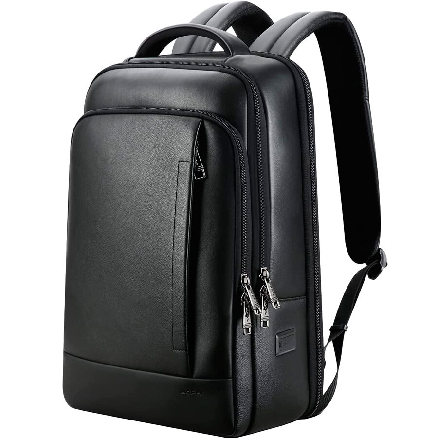 Рюкзак мужской/женский кожаный городской дорожный Bopai вместительный 22л, для ноутбука 15.6", водонепроницаемый, с USB зарядкой, взрослый/подростковый, цвет черный