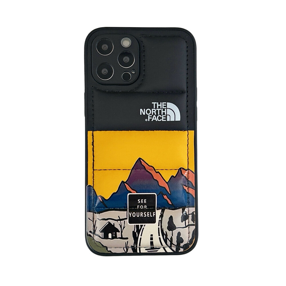 Чехол для iPhone 12 Pro черный / желтый силиконовый дутый пуховик North Face