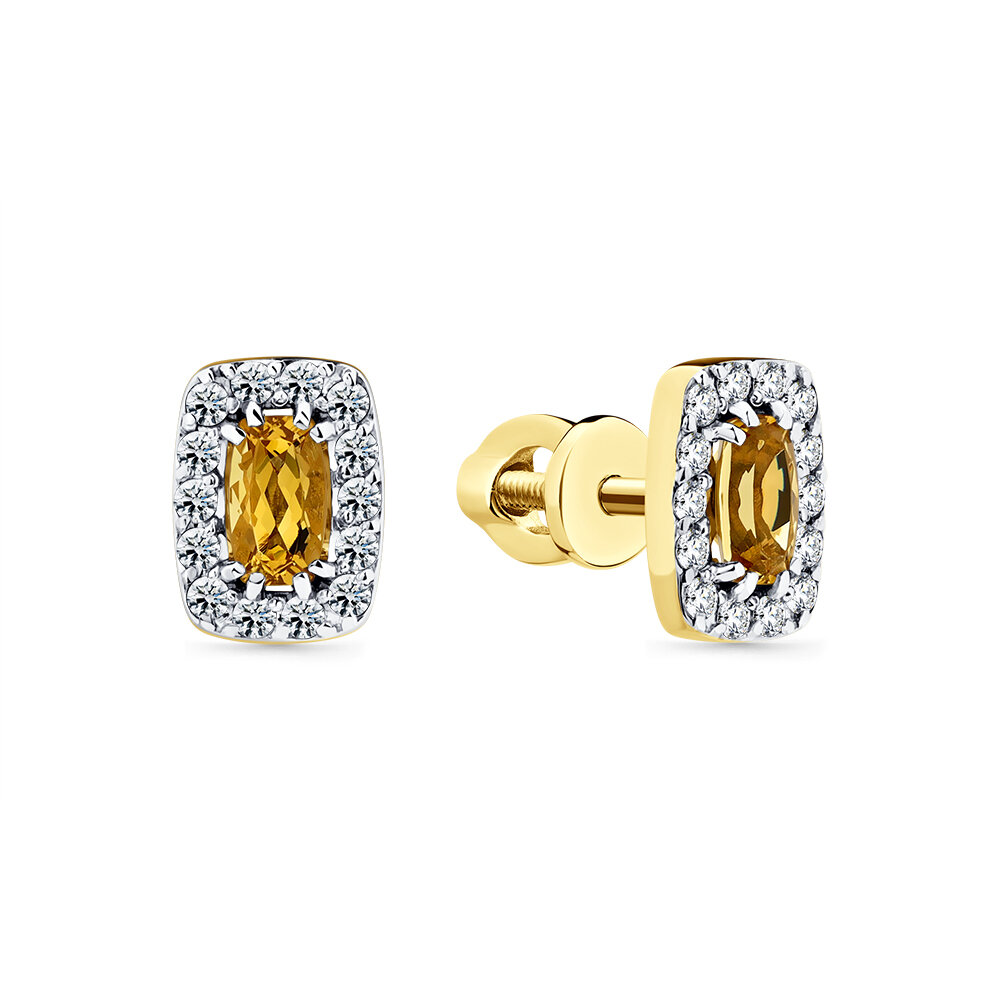 Серьги, желтое золото, 585 проба, бриллиант, берилл