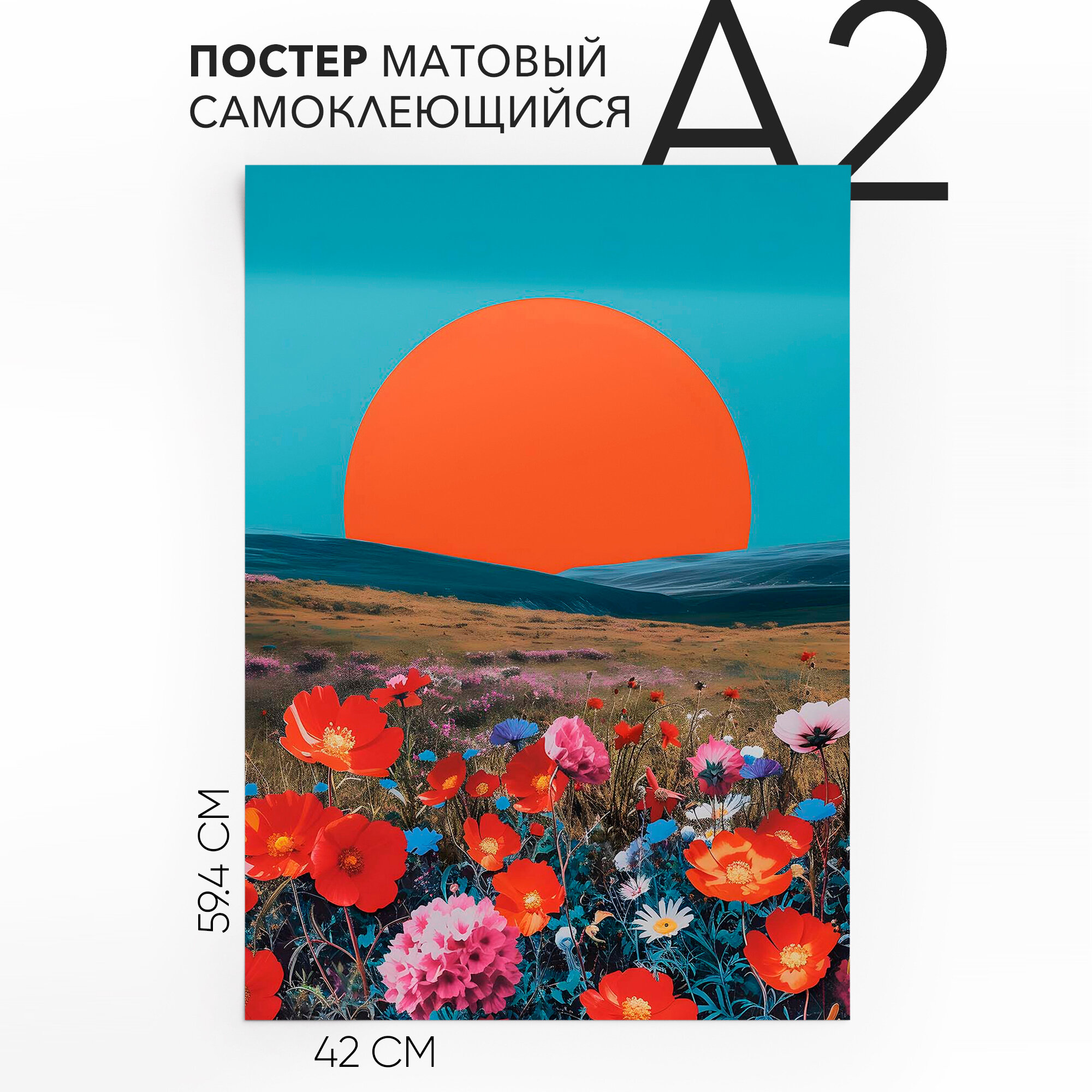Картины постеры на стену самоклеящийся, большой A2 Маки и закат, влагостойкий, для декора