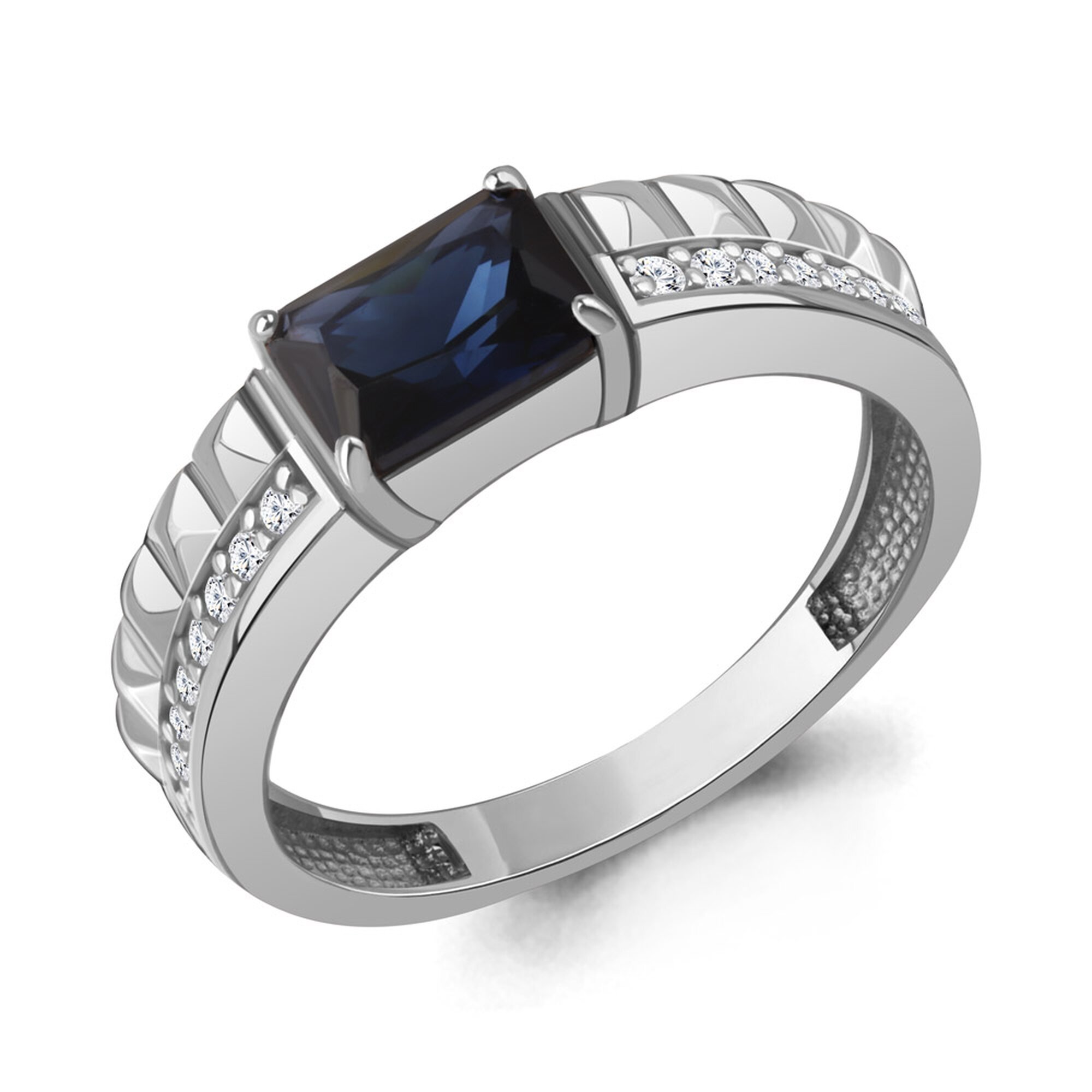 Кольцо, серебро, 925 проба, родирование, сапфир синтетический, фианит