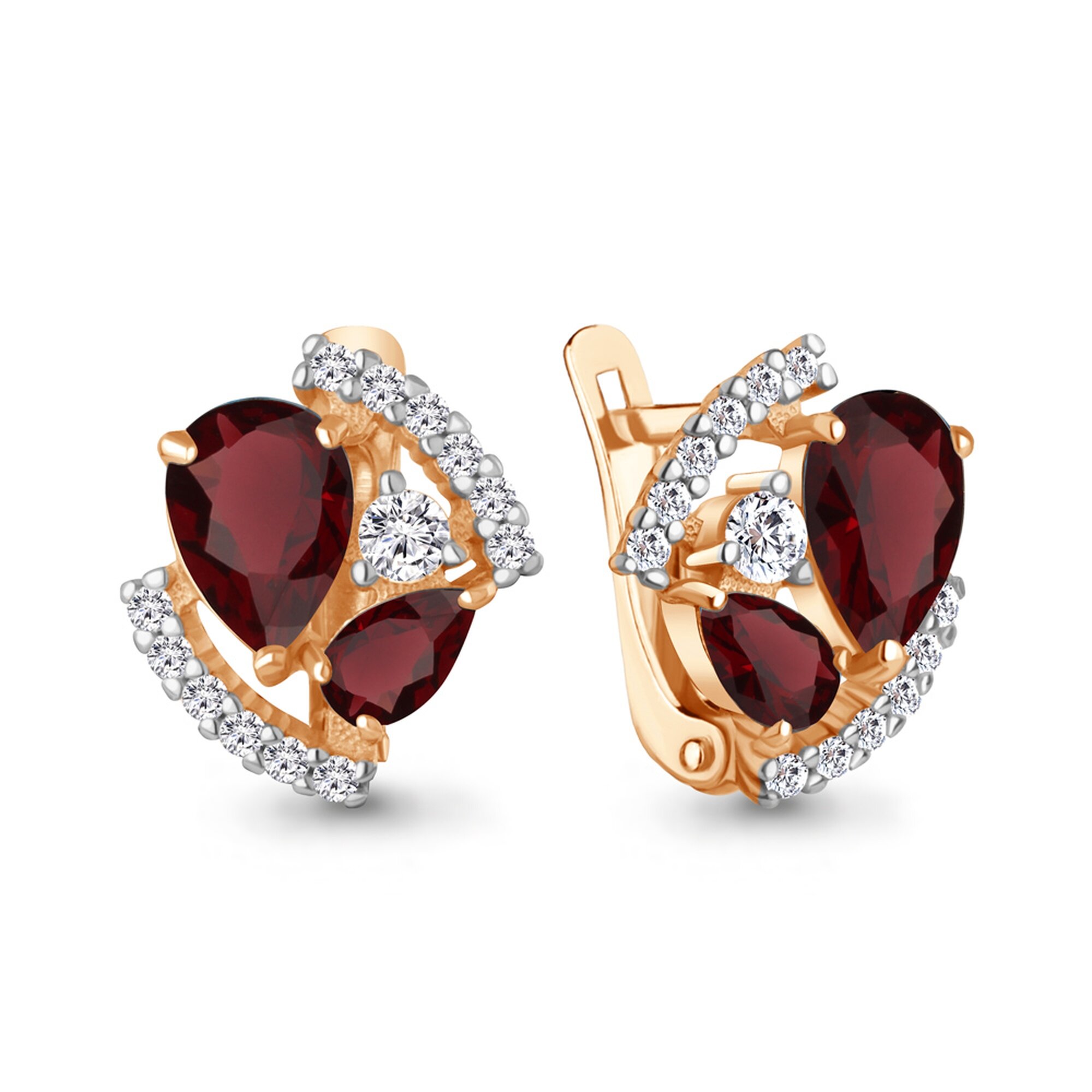 Серьги, серебро, 925 проба, золочение, гранат, фианит