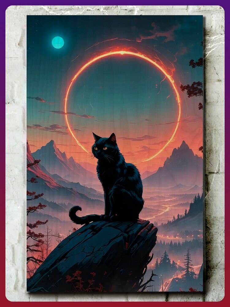 Картина интерьерная на дереве животные Кот (Кошка, деревья, фэнтези, горы, фэнтези) - 62412354