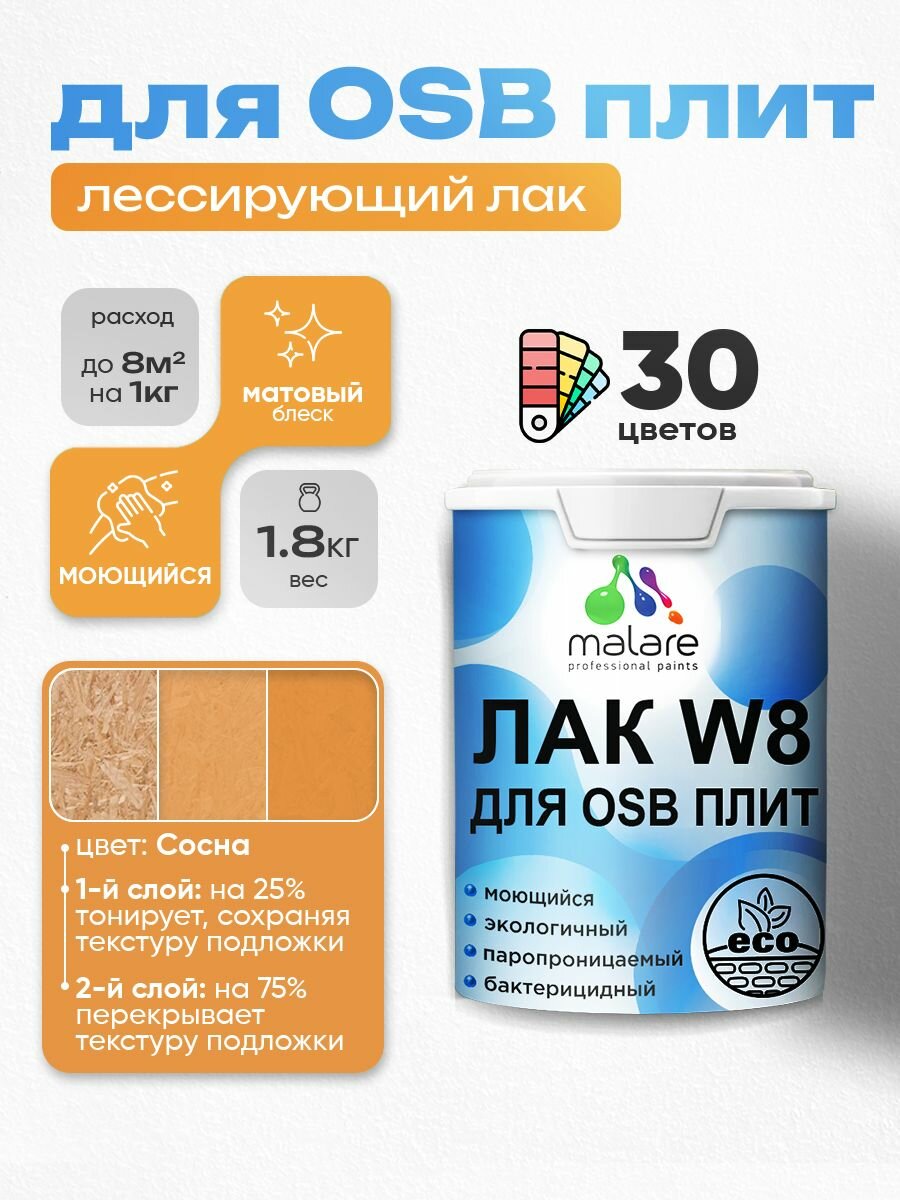 Лак колерованный тонирующий для защиты ОСБ плит Malare W8 для дерева и минеральных поверхностей, паропроницаемый водный без запаха, матовый, сосна, 1.8 кг.