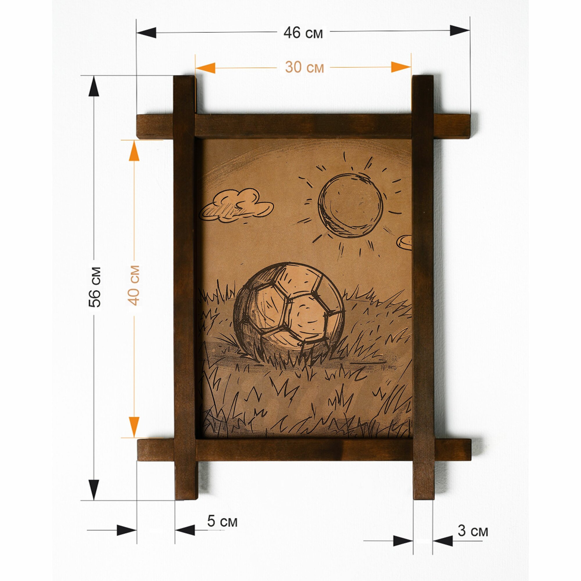 Картина интерьерная, натуральная кожа, "Мяч на траве", в деревянной раме, BoomGift