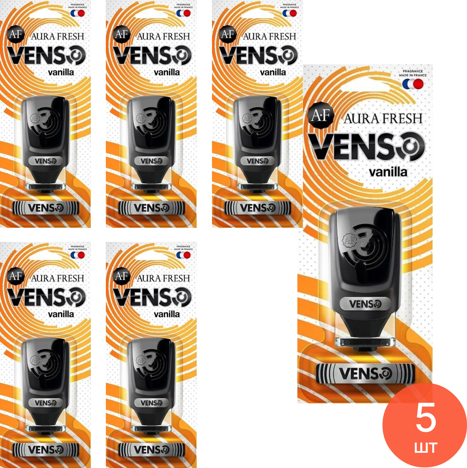 Ароматизатор автомобильный Aura Fresh / Аура Фреш Venso Vanilla на дефлектор, ванильный, 6мл / автотовары (комплект из 5 шт)