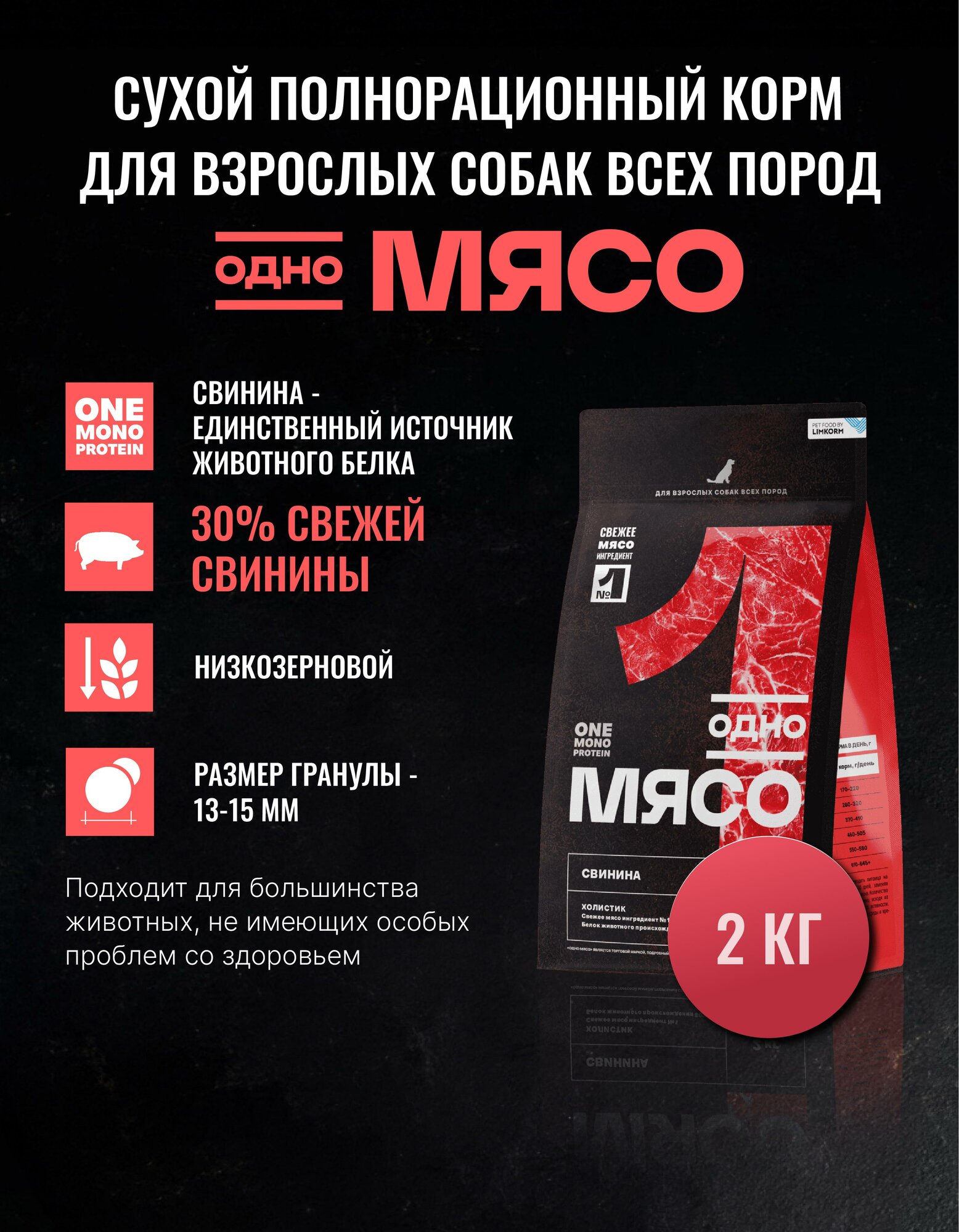 Корм для собак одно мясо, холистик, с мясом, для всех пород, 2 кг