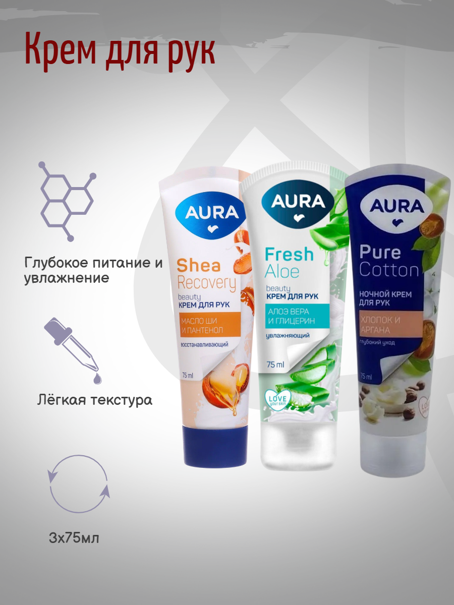 Aura Крем для рук алоэ, масло ши, Хлопок и Аргана 3x75мл