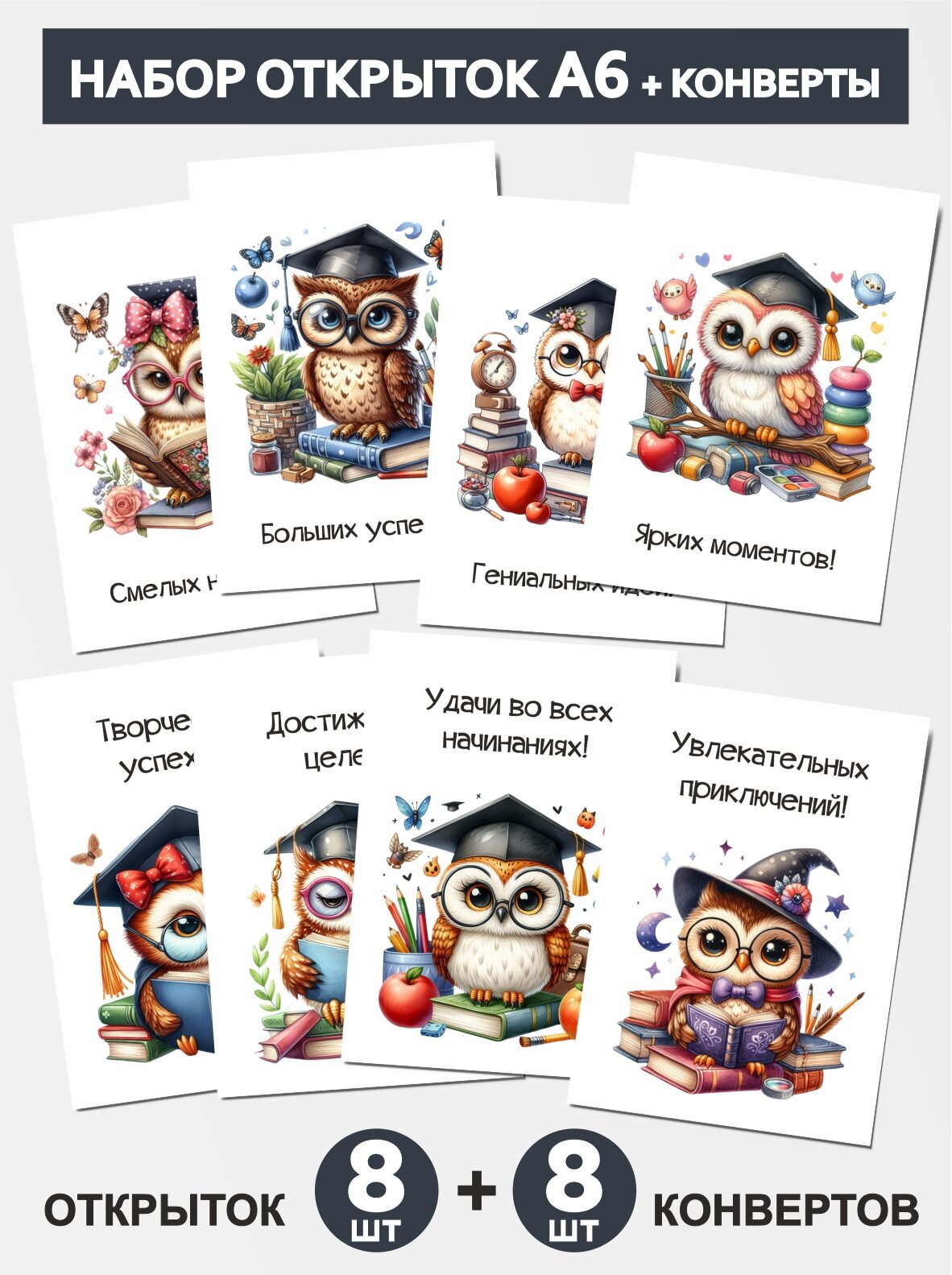 Набор школьных почтовых открыток А6 - 8 шт и крафт-конверт С6 - 8 шт, для подарков выпускнику, ученикам на 1 сентября и День Рождения, Школьная сова #002 - №1, postcard_8_school_owls_#002_А6_set_1