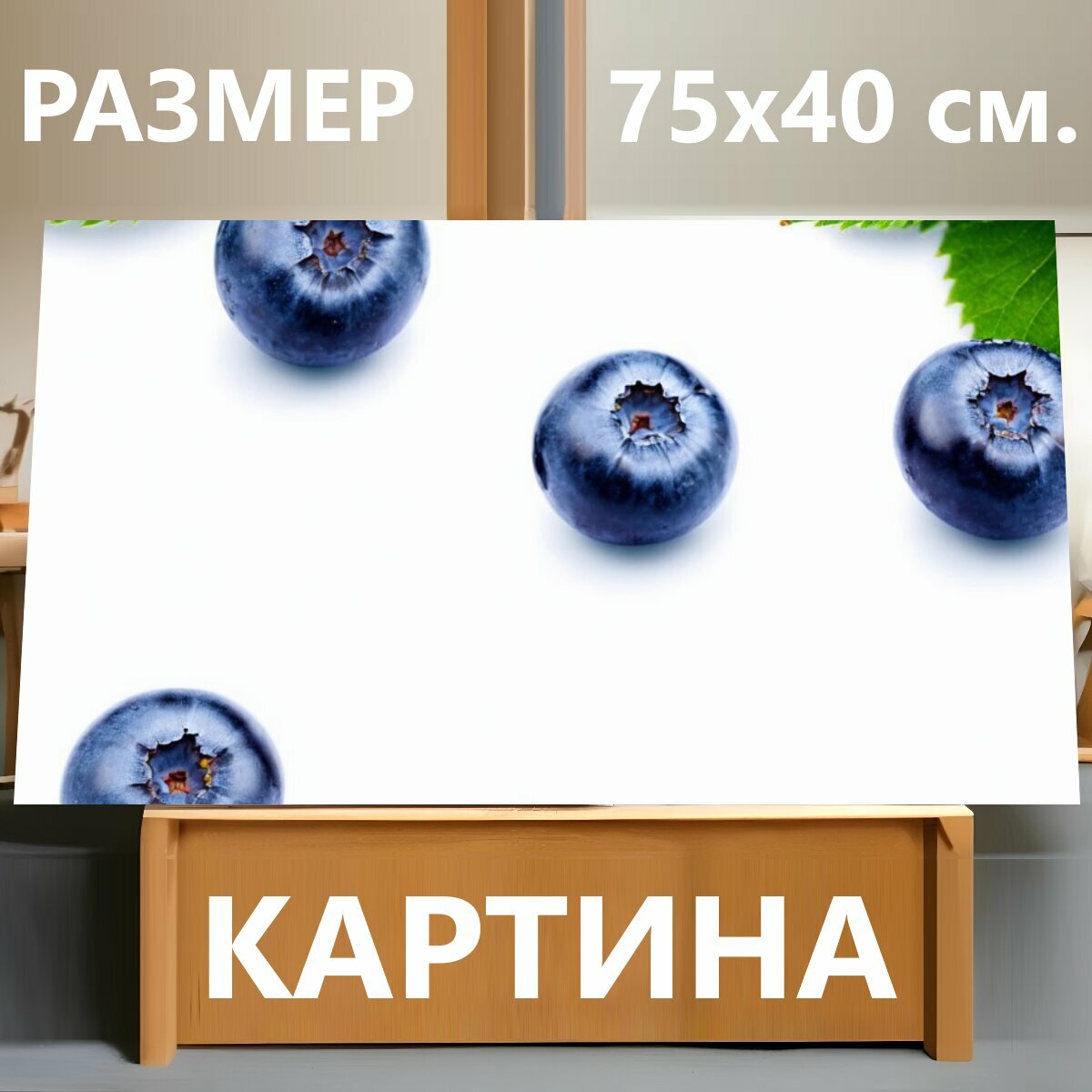 Картина на холсте "Сочная черника, уложенная на светлом фоне, с яркими зелеными листьями, добавляющими свежести. Внимание на разнообразие." на подрамнике 75х40 см. для интерьера
