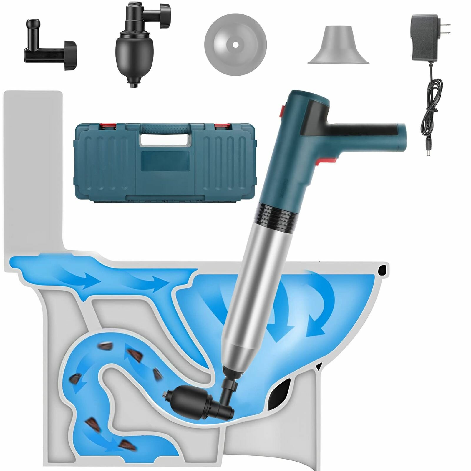 Пневматический вантуз для прочистки труб / Насос / Средство для раковины, унитаза и ванны, электрический, со встроенной литиевой батареей емкостью 1450 мАч