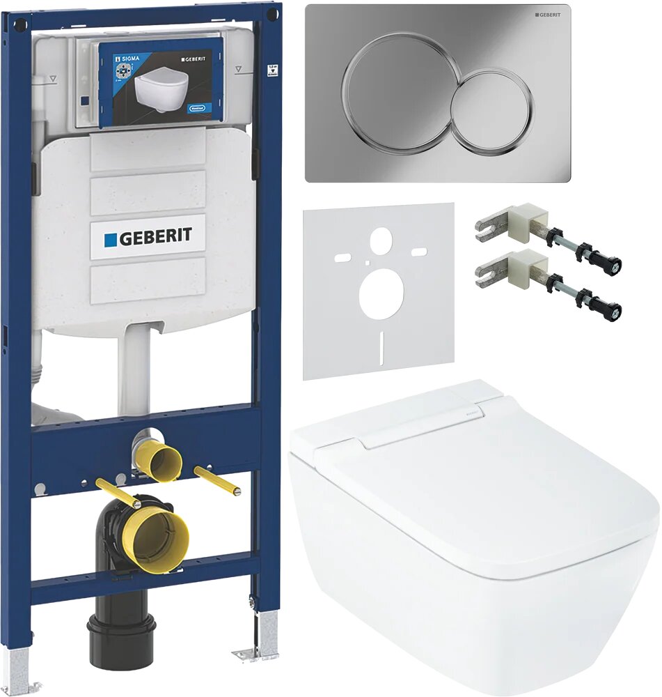 Комплект Умный подвесной Geberit AquaClean Sela Square безободковый, с биде, белый / Инсталляция Duofix UP 320 111.300.00.5 / Кнопка хром, Звукоизоляция, Крепления к стене