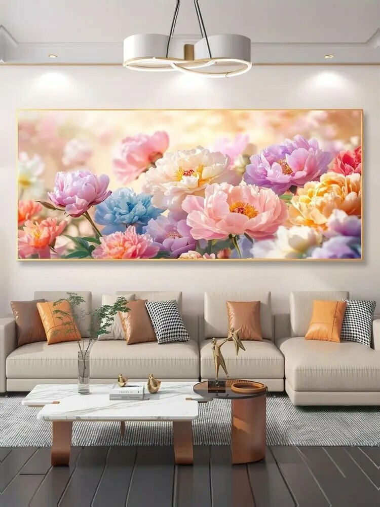 Алмазная мозаика "Цветы пионы" / Алмазная вышивка / Картина из круглого горного хрусталя в полном объеме (без подрамника, без рамки)