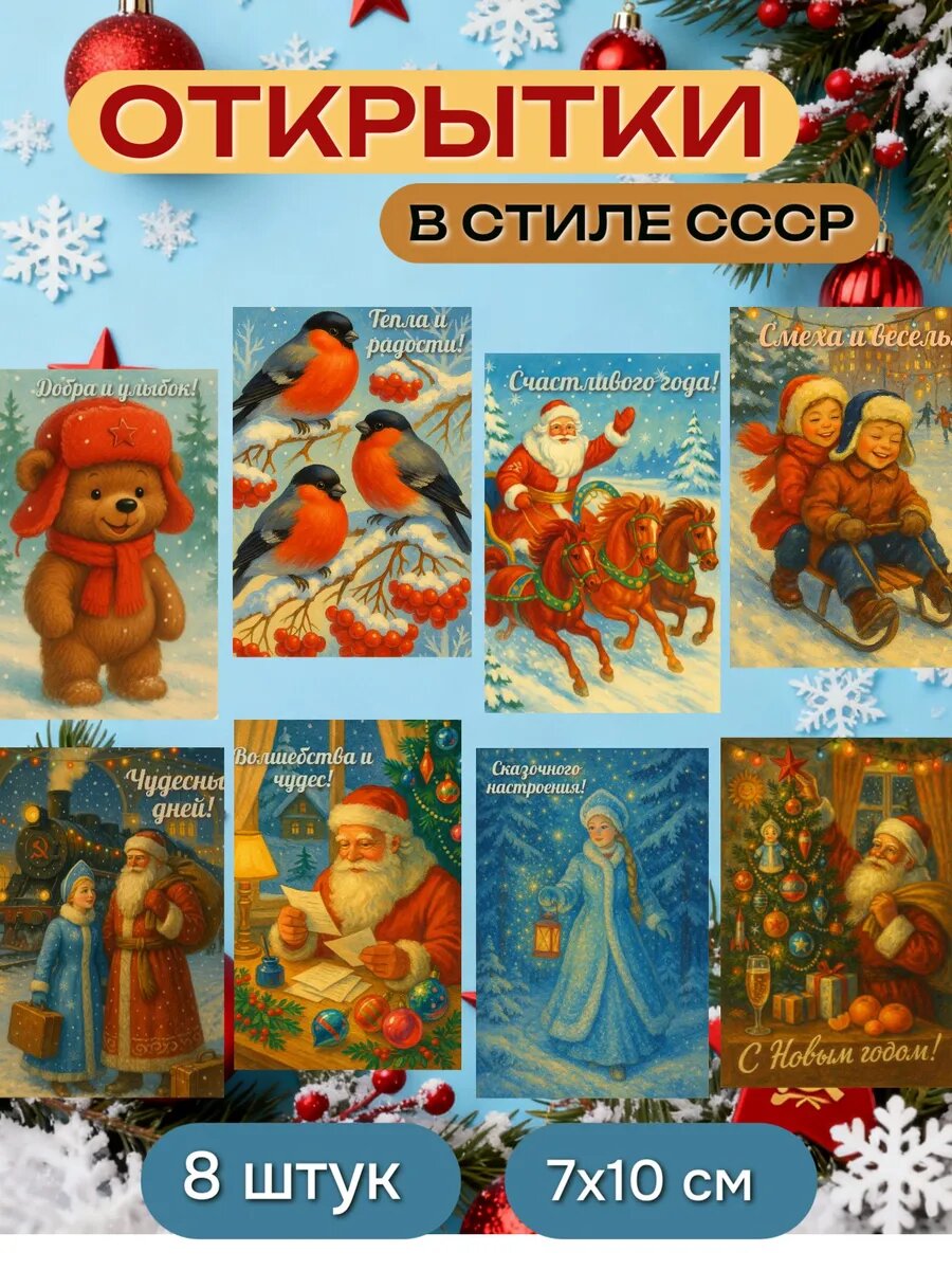 Набор новогодних мини открыток 8 шт 7х10 CCCР