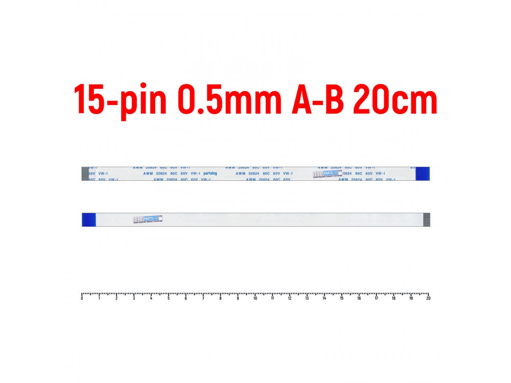 Шлейф FFC 15-pin Шаг 0.5mm Длина 20cm Обратный A-B AWM 20624 80C 60V VW-1