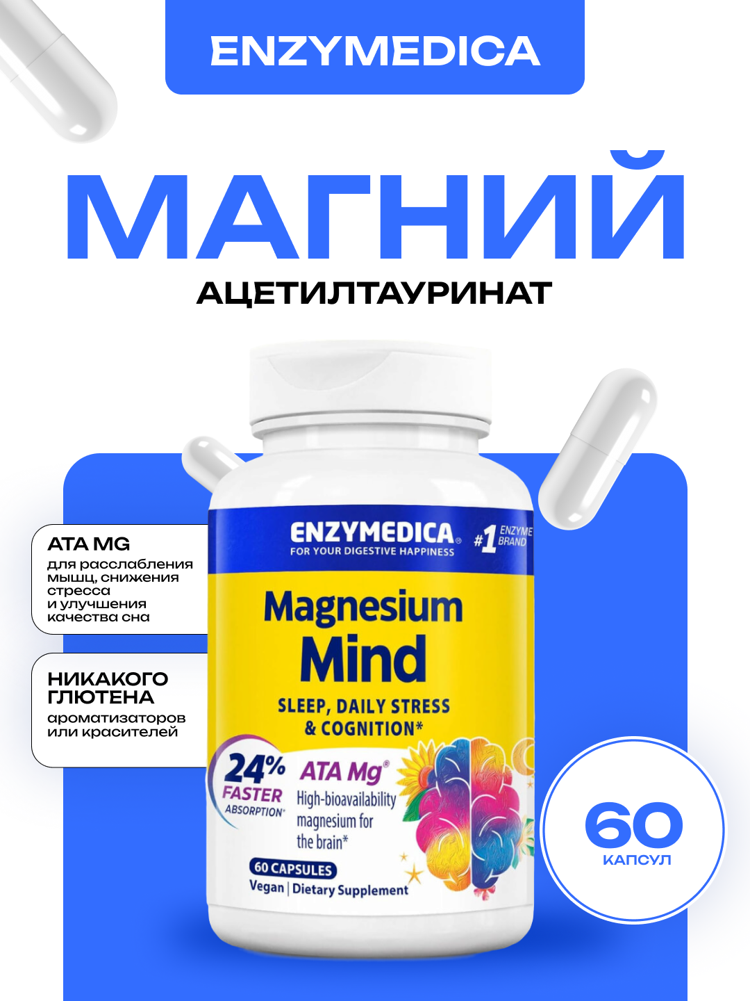 Магний Enzymedica Magnesium Mind 60 капсул Поддержка нервной системы