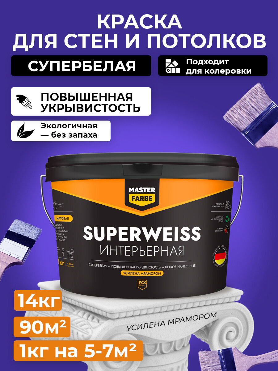 Краска для стен и потолков белая Superweiss MASTERFARBE краска матовая, интерьерная 14 кг