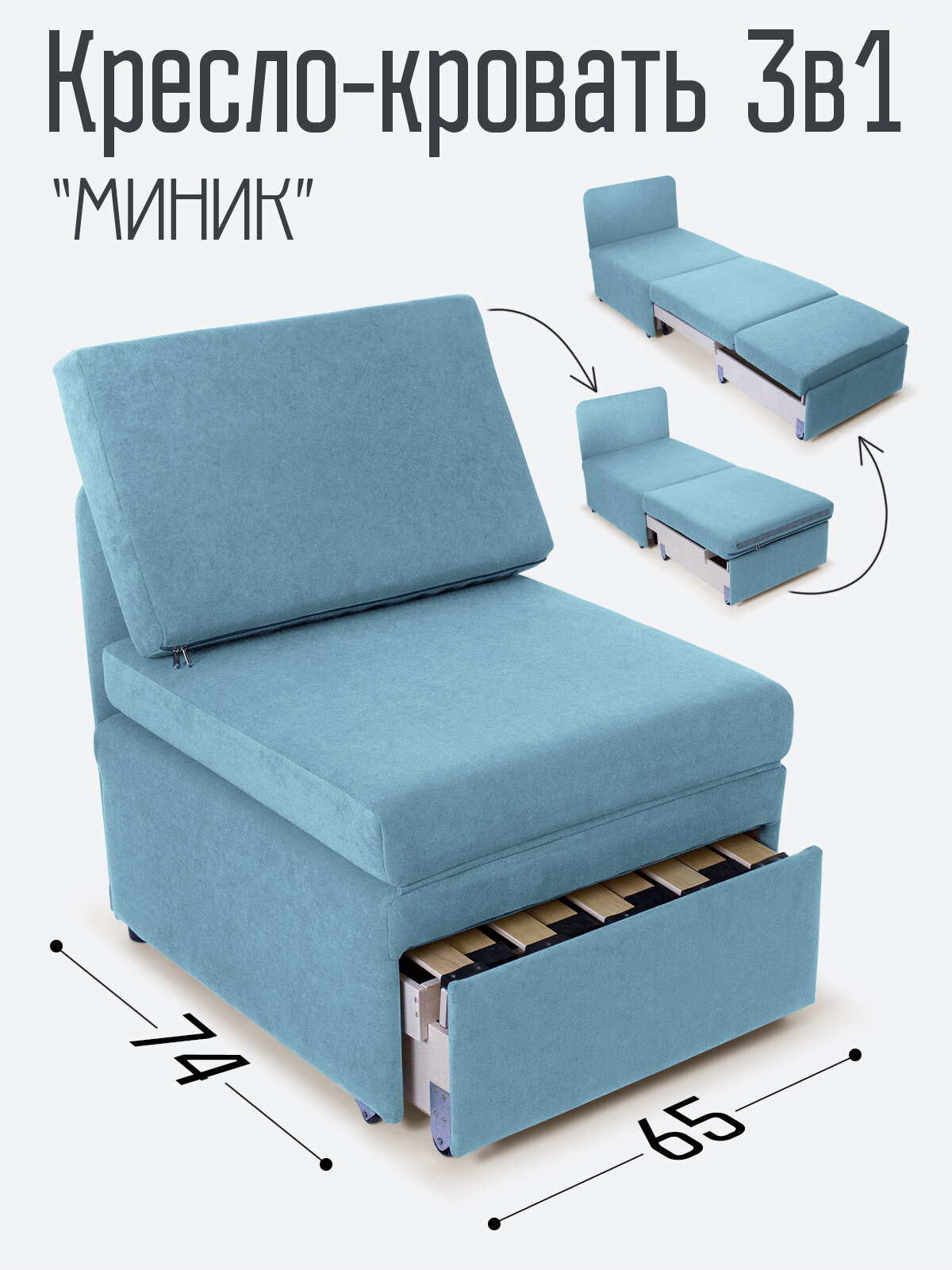 Кресло-кровать Миник 3в1: кресло, кровать, кушетка. 65х89х74 см, с ящиком, выкатной механизм трансформации, велюр Candy 07