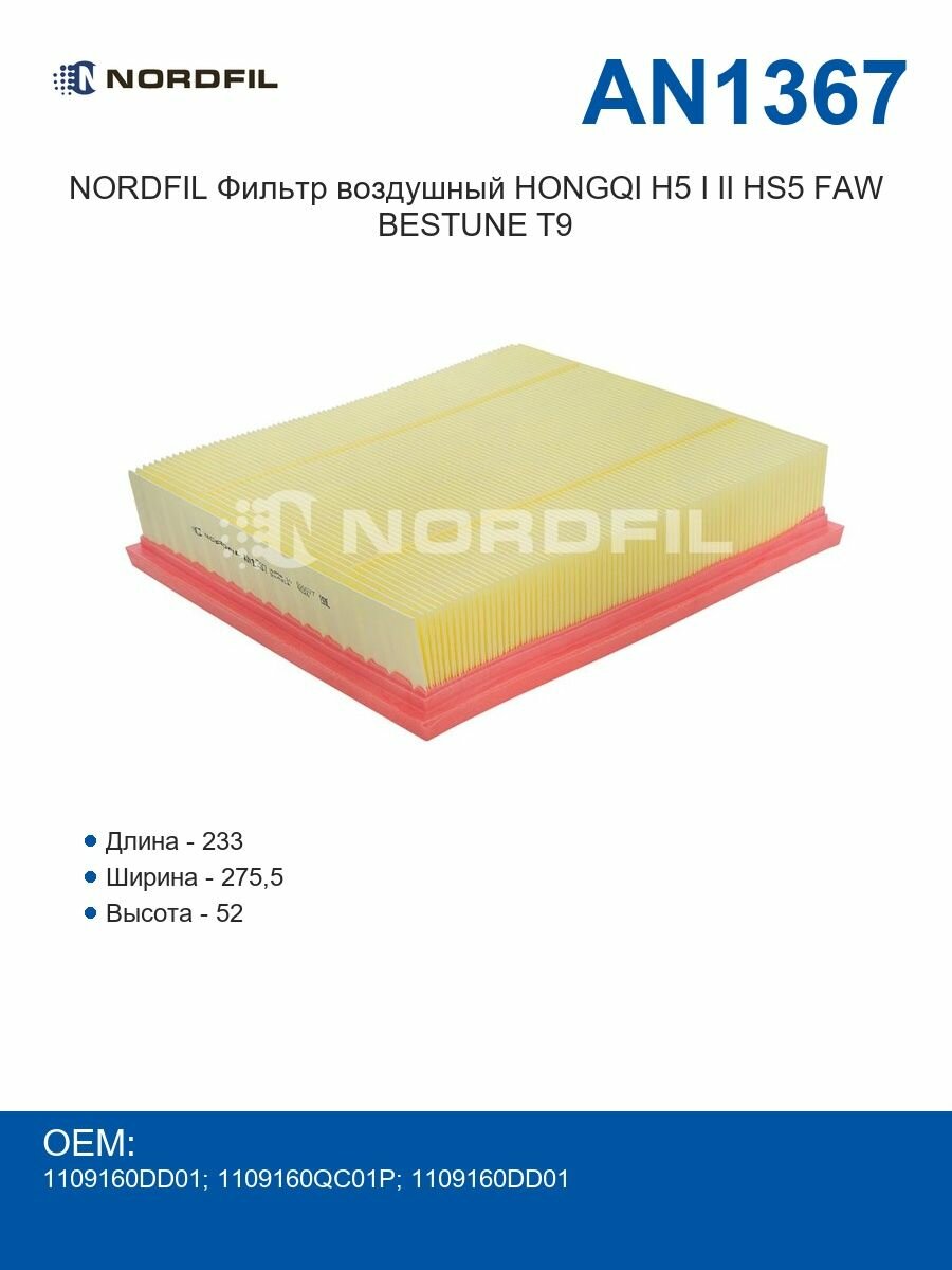 NORDFIL Фильтр воздушный HONGQI H5 I II HS5 FAW BESTUNE T9