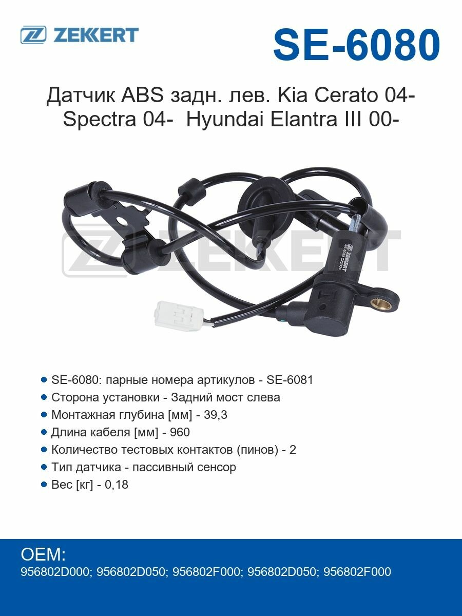 Zekkert Датчик ABS задний левый Kia Cerato с 2004 года Spectra с 2004 года Hyundai Elantra III с 2000 года