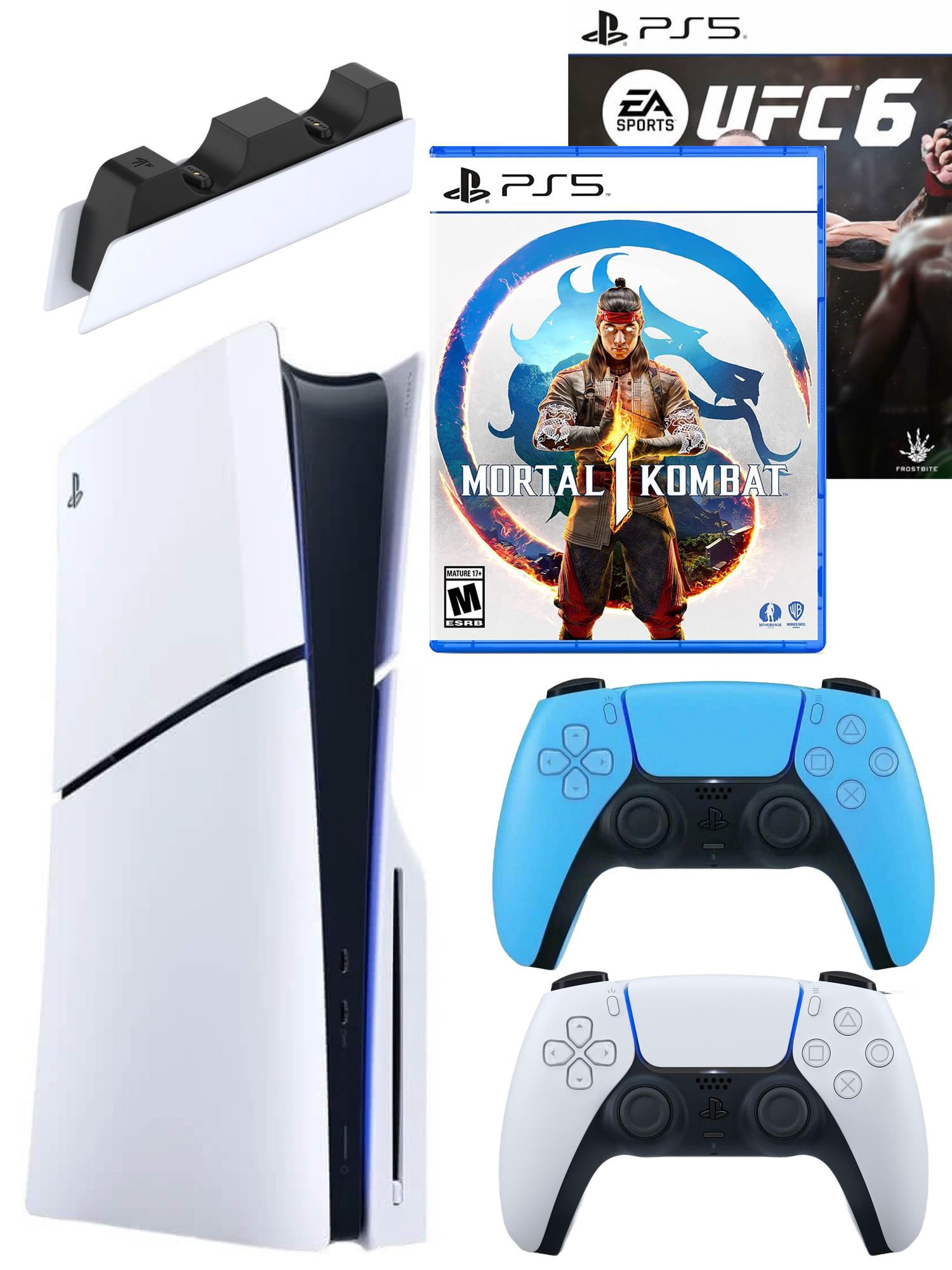 Игровая приставка Sony PS 5 Slim, 1ТБ(с дисководом)+2 геймпад(starlight blue)+Зарядная станция+2 файтинга(UFC6, MK1)