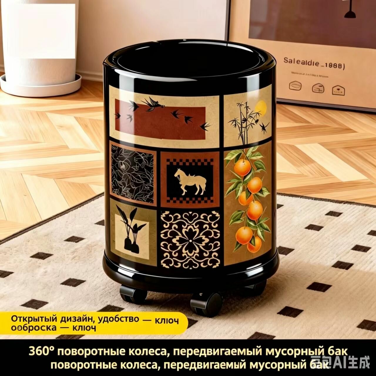 Винтажное мусорное ведро на колесах ретро стиль，с колесами，1штука