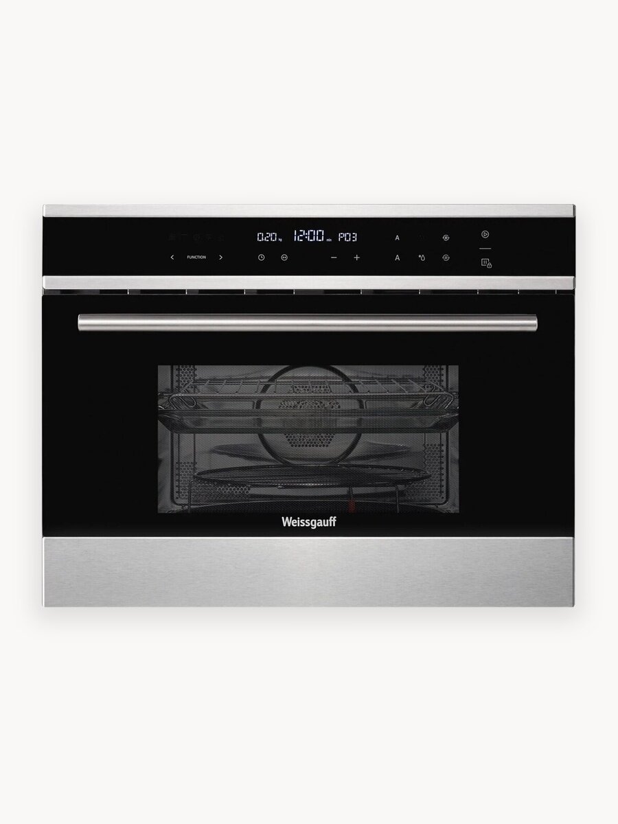 Встраиваемый компактный духовой шкаф с СВЧ Weissgauff OE 445 X с СВЧ и конвекцией, 8 функций духового шкафа